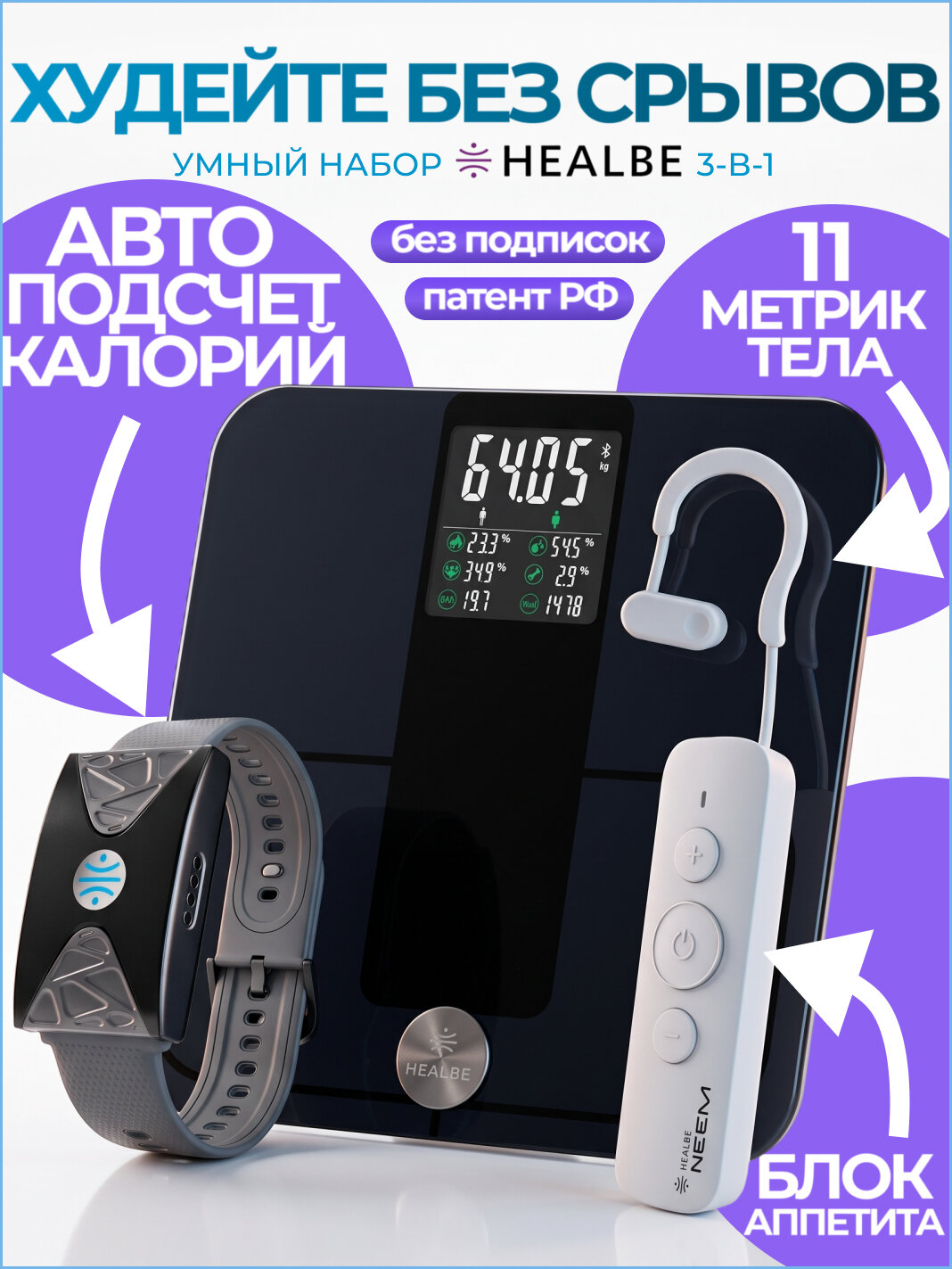 Набор смарт-устройств HEALBE Optimum Control 2: фитнес-браслет с автоподсчетом калорий, нейростимулятор и умные весы