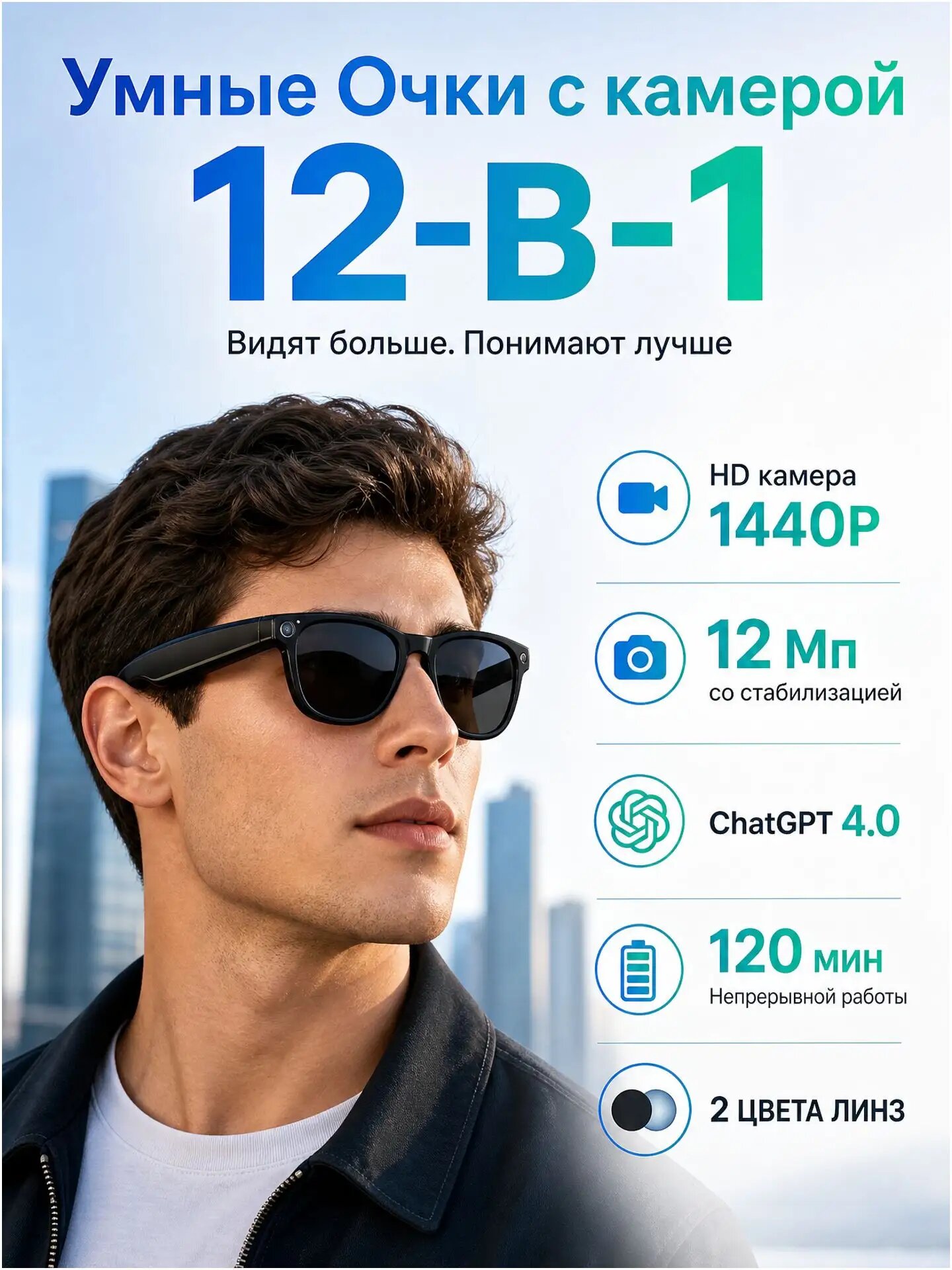 Умные очки с камерой и микрофоном, умные очки с камерой 1440P, 12 MP, 300 mAh
