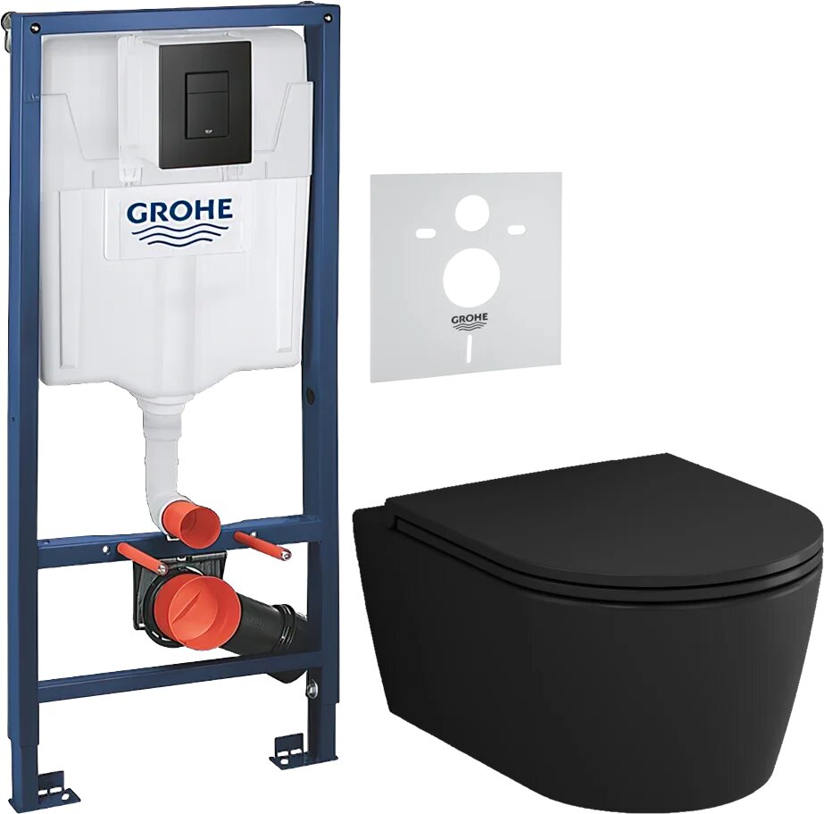 Комплект 3 в 1 Унитаз подвесной AM.PM Func C8F1700MBSC / Звукоизоляция Grohe 37131000 / Инсталляция с кнопкой Solido 38811KF0 цвет черный
