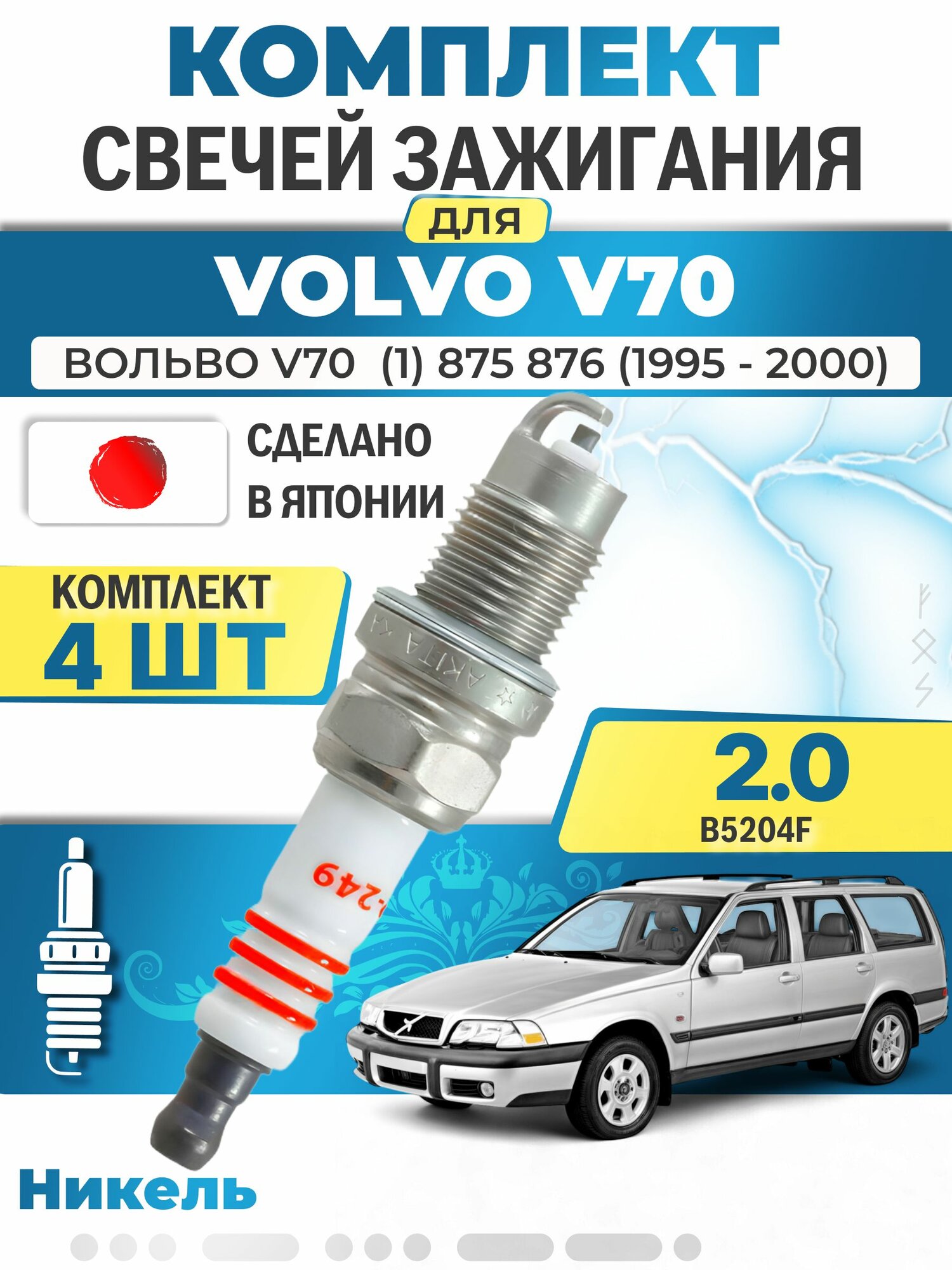 Свечи зажигания для Volvo V70 (1) 875, 876 2.0, комплект 4 шт / 1995 1996 1997 1998 1999 2000 / Двигатель B5204F 2,0 л