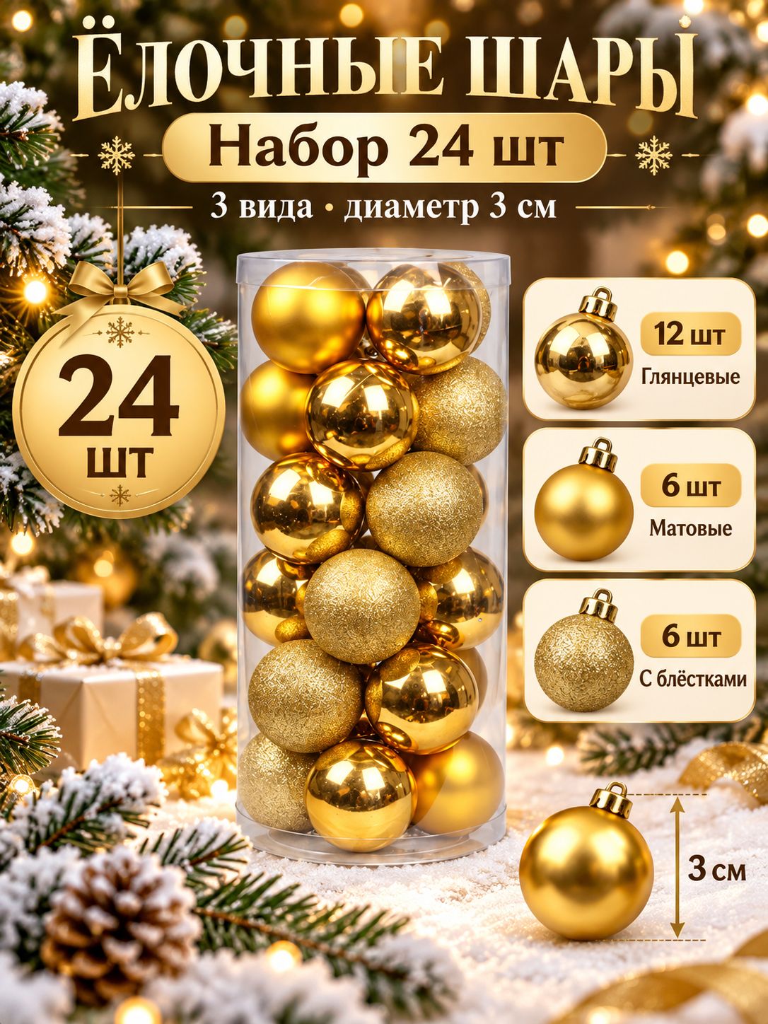 Елочный шар 3 см шар золотой 24 шт