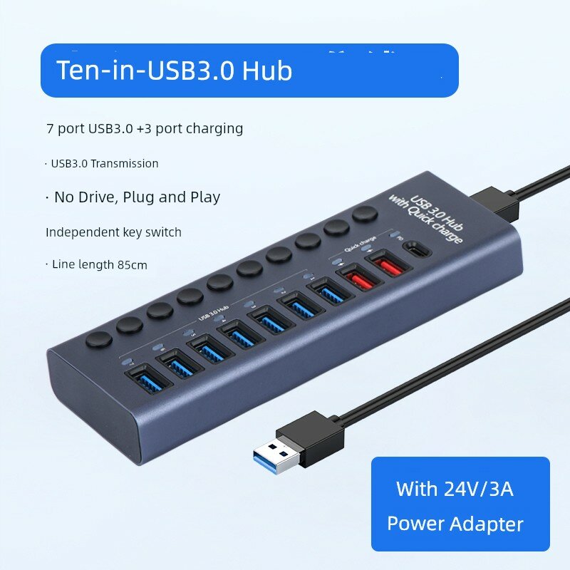 Алюминиевый сплав USB 3.0 10-портовый хаб с 7 портами данных и 3 зарядными портами, длина кабеля 0.8 м, поддержка