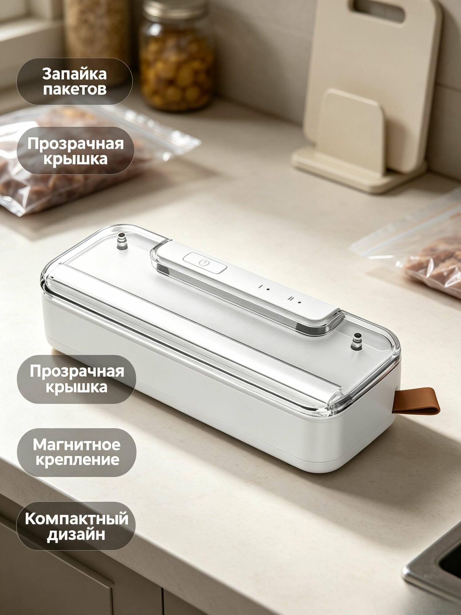 Мини-герметизатор для пакетов, с отрезным ножом, магнитное крепление, работа от батареек
