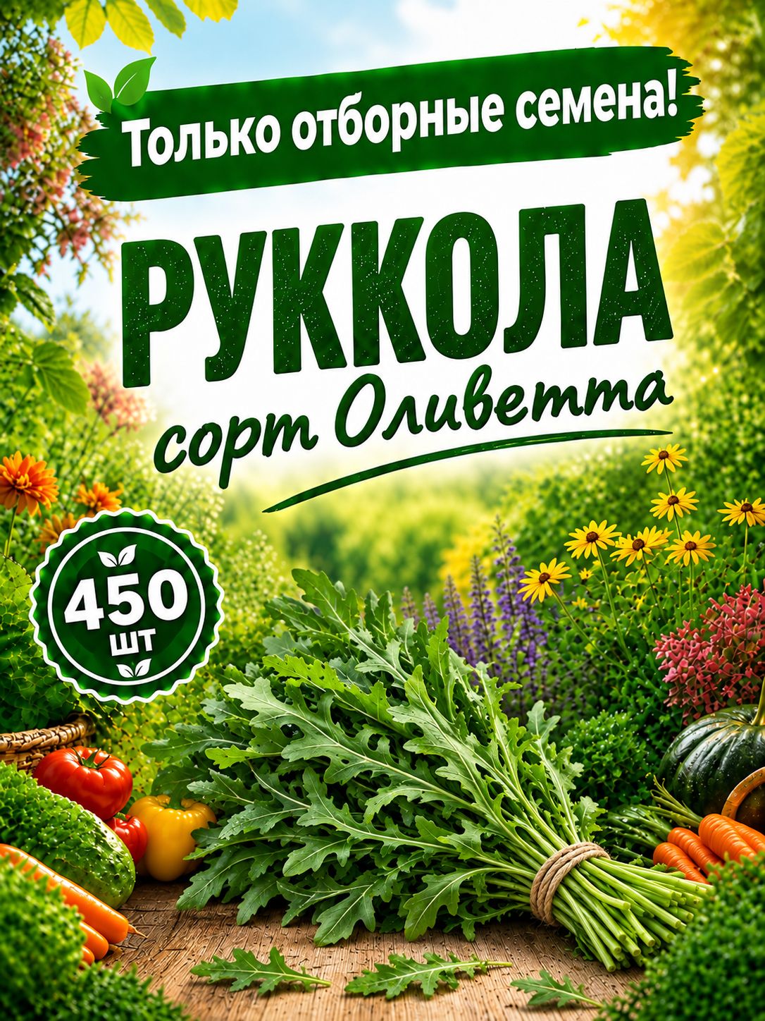 Семена рукколы Оливетта (двурядник тонколистный). Раннеспелый многолетник с ярким горчично-ореховым вкусом. Для открытого грунта, балкона