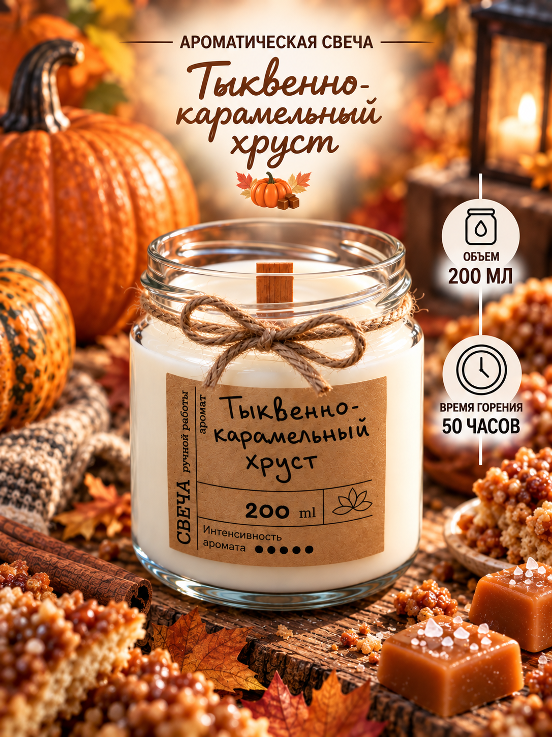 Ароматическая свеча "Тыквенно-карамельный хруст" с деревянным фитилем 200 мл большая