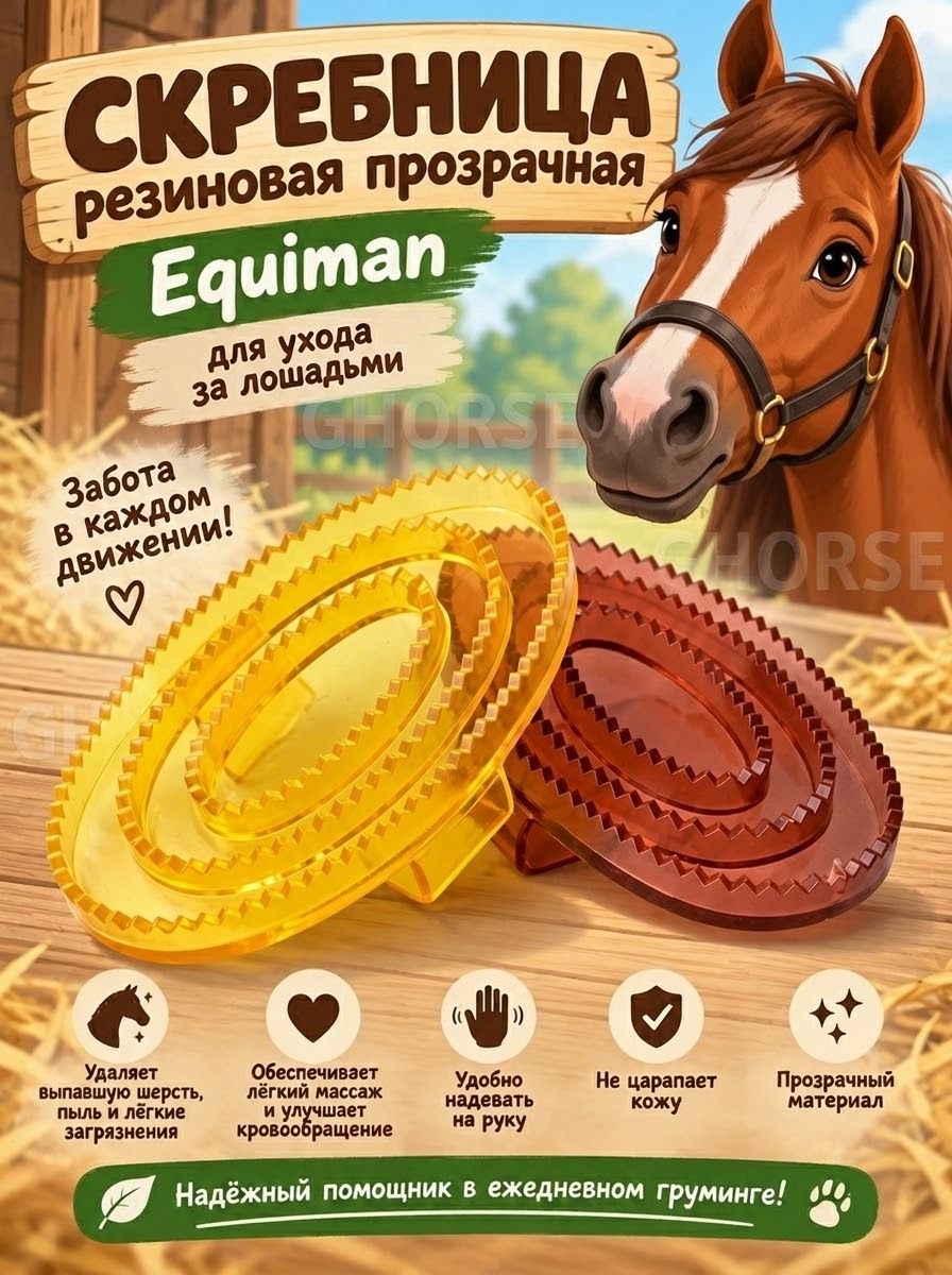 Скребница резиновая прозрачная Equiman, цвет желтый