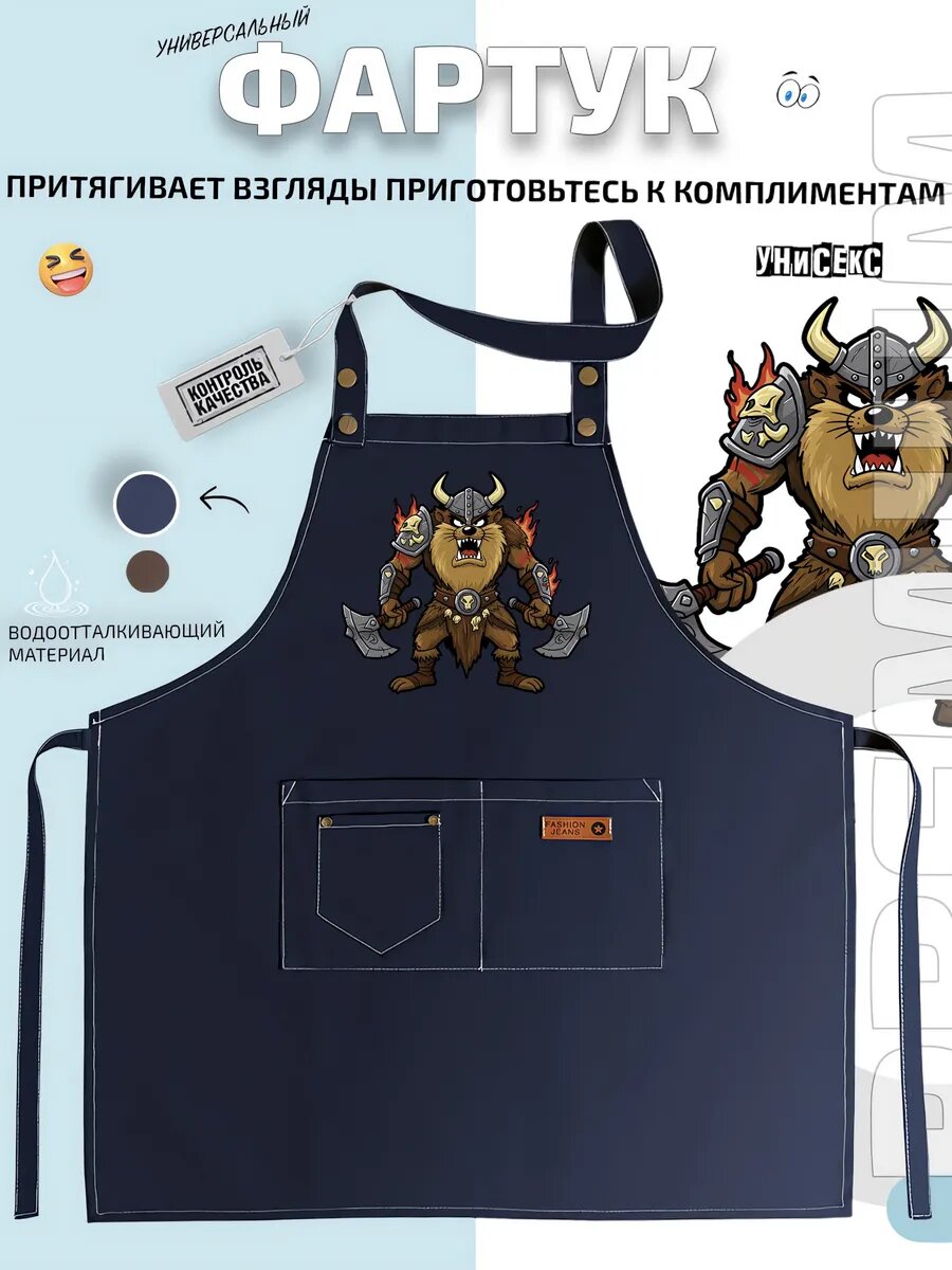 Фартук Лев Viking Warrior мультфильм воин с топорами и кухонный с принтом универсальный