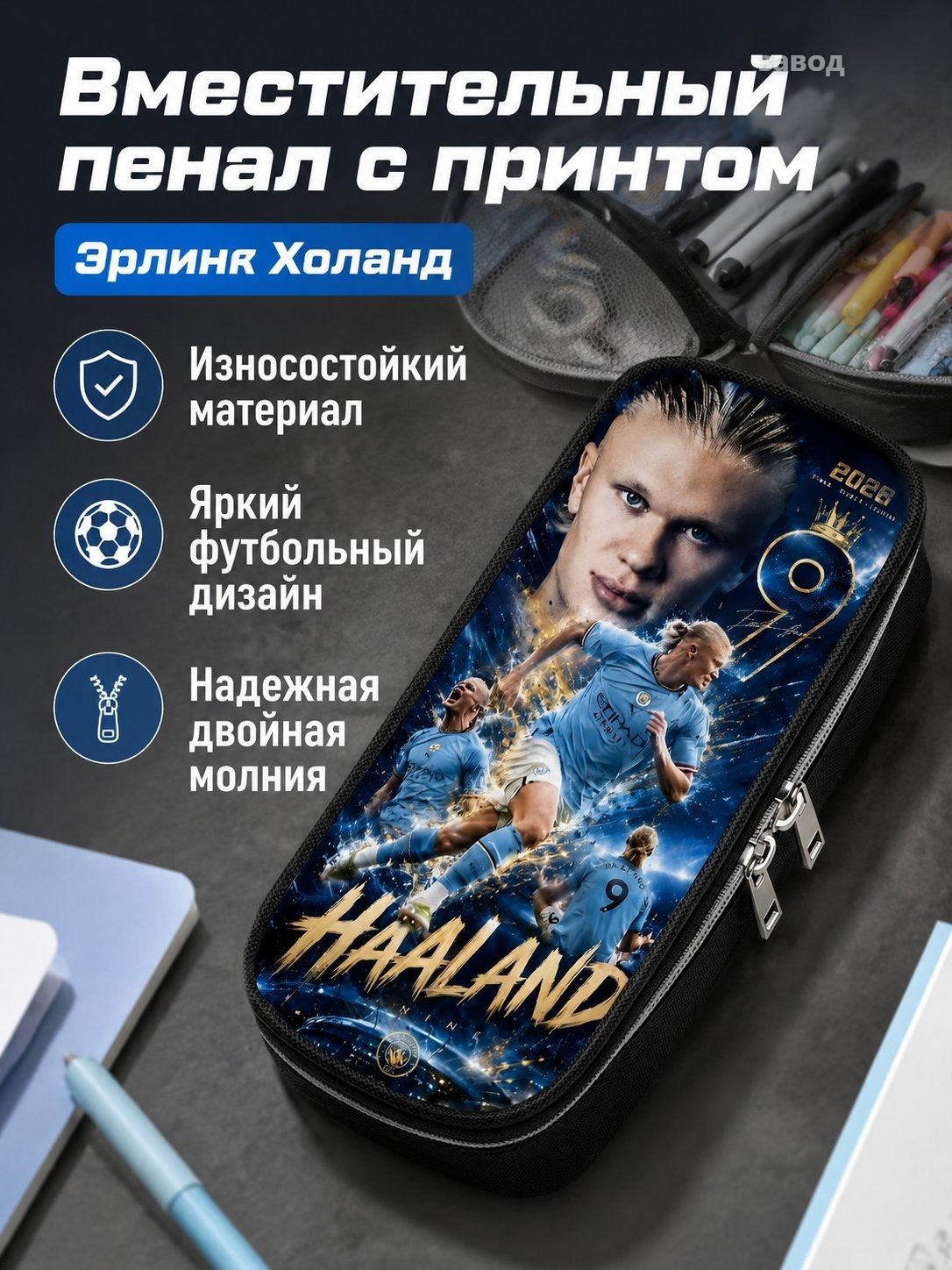 Пенал Холанд Роналду футбольный большой нейлоновый, пенал для мальчика школьный
