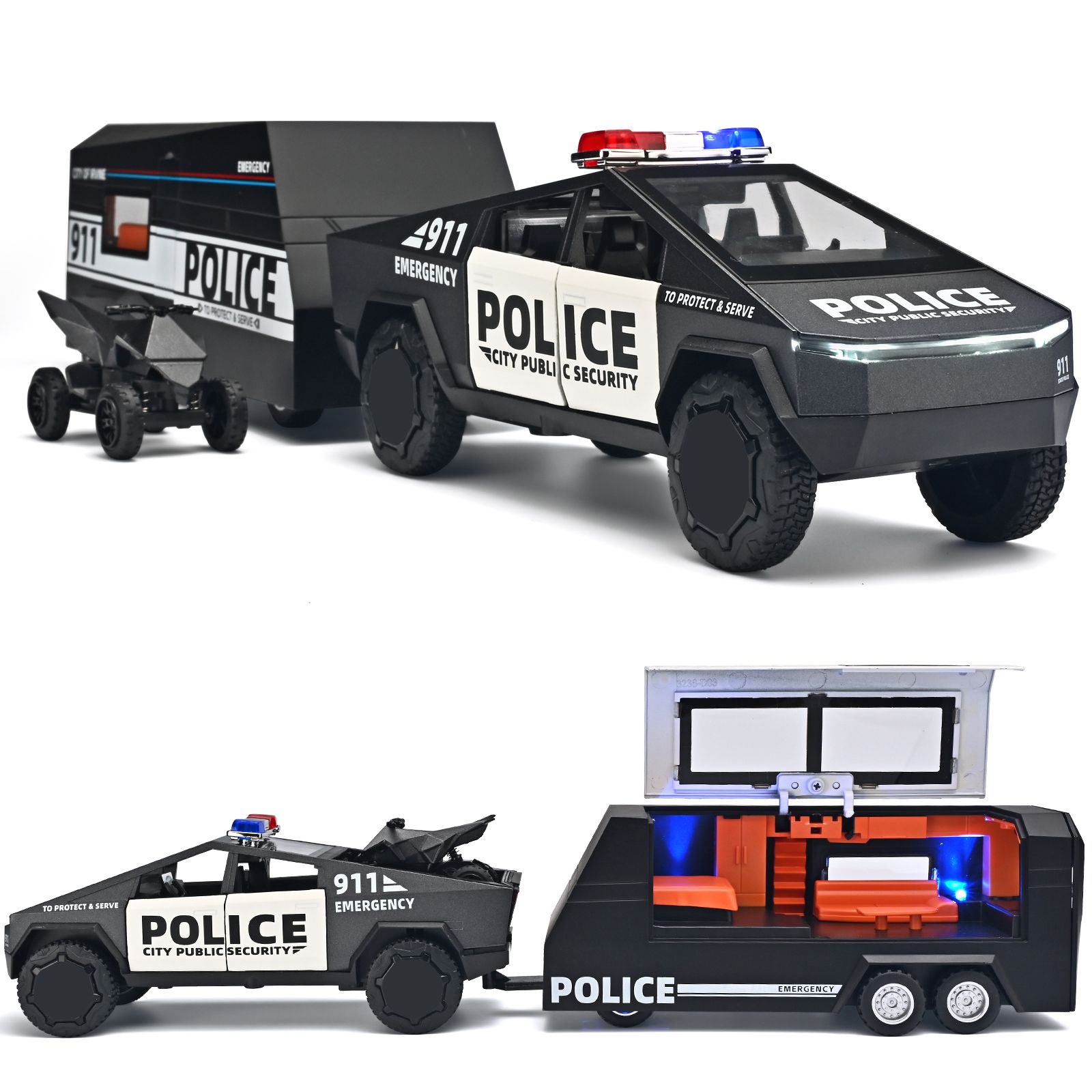 1:32 Tesla Cybertruck Police RV Off Road Pickup Truck, Звуковой и световой музыкальный подарок на день рождения, Детские игрушки для автомобилей