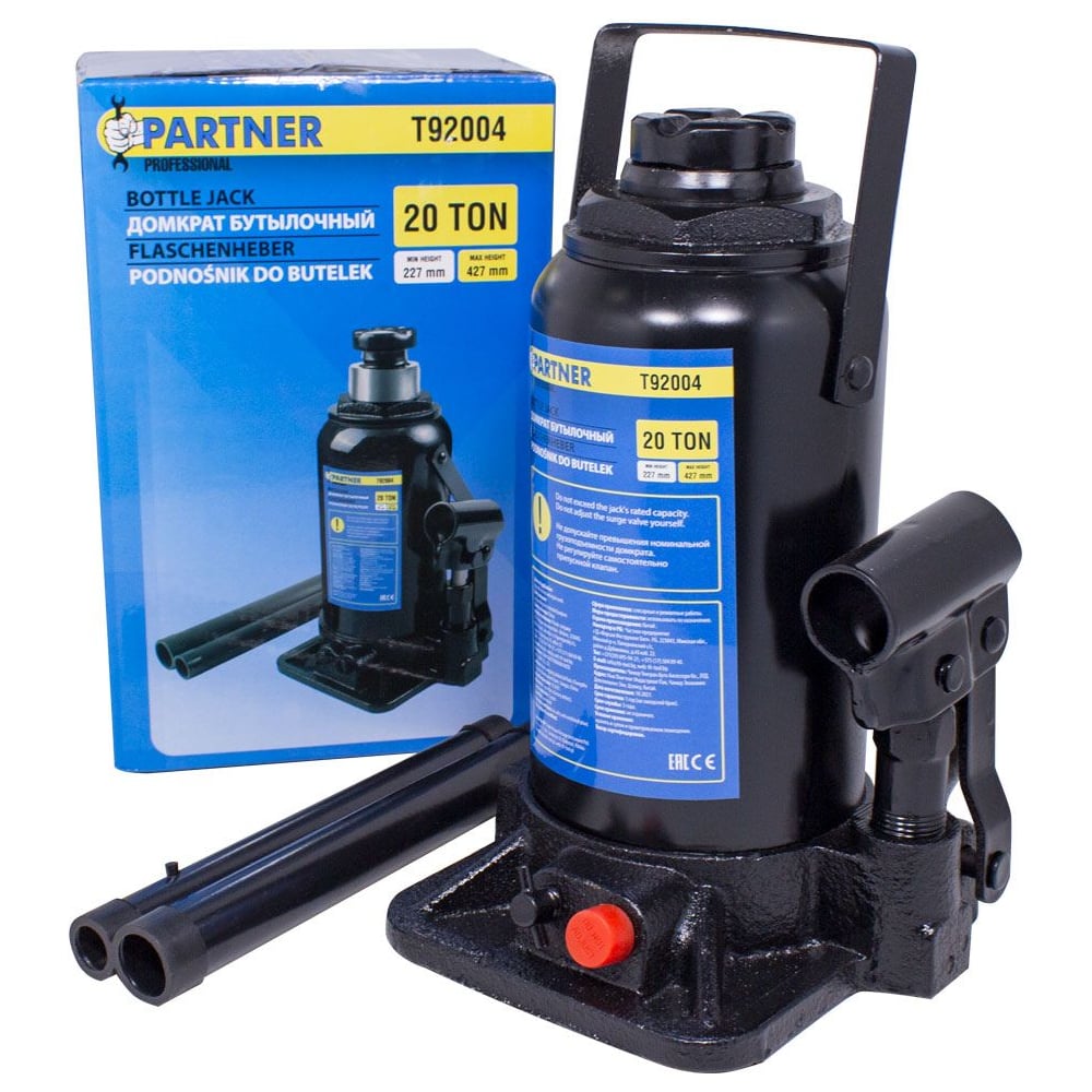 Домкрат бутылочный Partner 20 т, с клапаном (h min 227мм, h max 427) PA-T92004(47687) PA-T92004/DS/(47687)