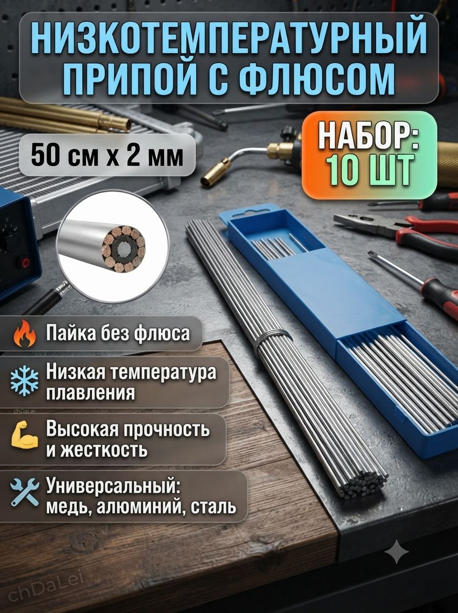 (10 штук) припой для алюминия и меди 2 мм х 50 см, универсальный низкотемпературный припой с флюсом внутри для пайки нержавеющей стали, ремонта автомобильных радиаторов и баков