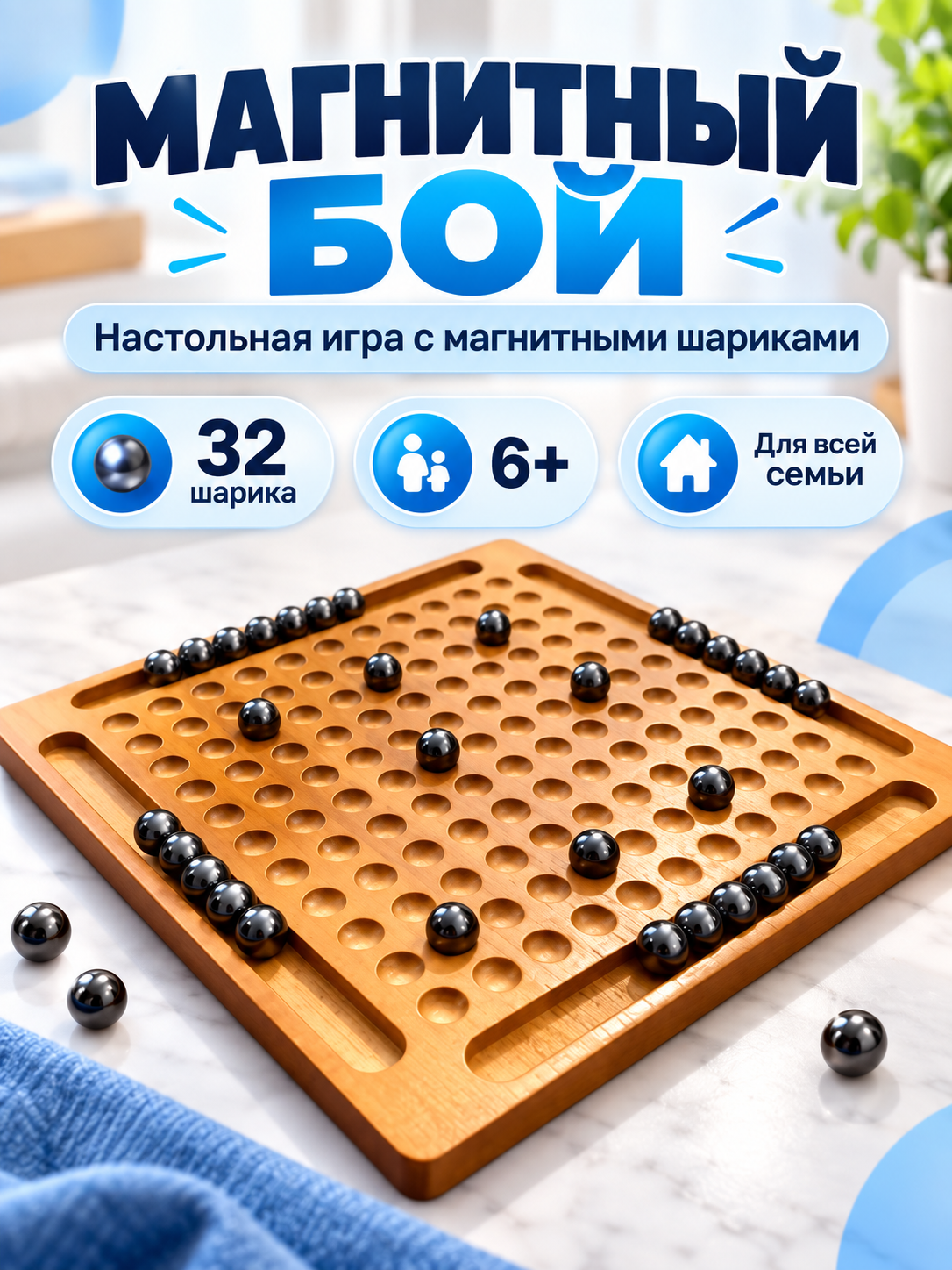Магнитный бой, настольная игра с магнитными шариками, деревянная, 32 шарика