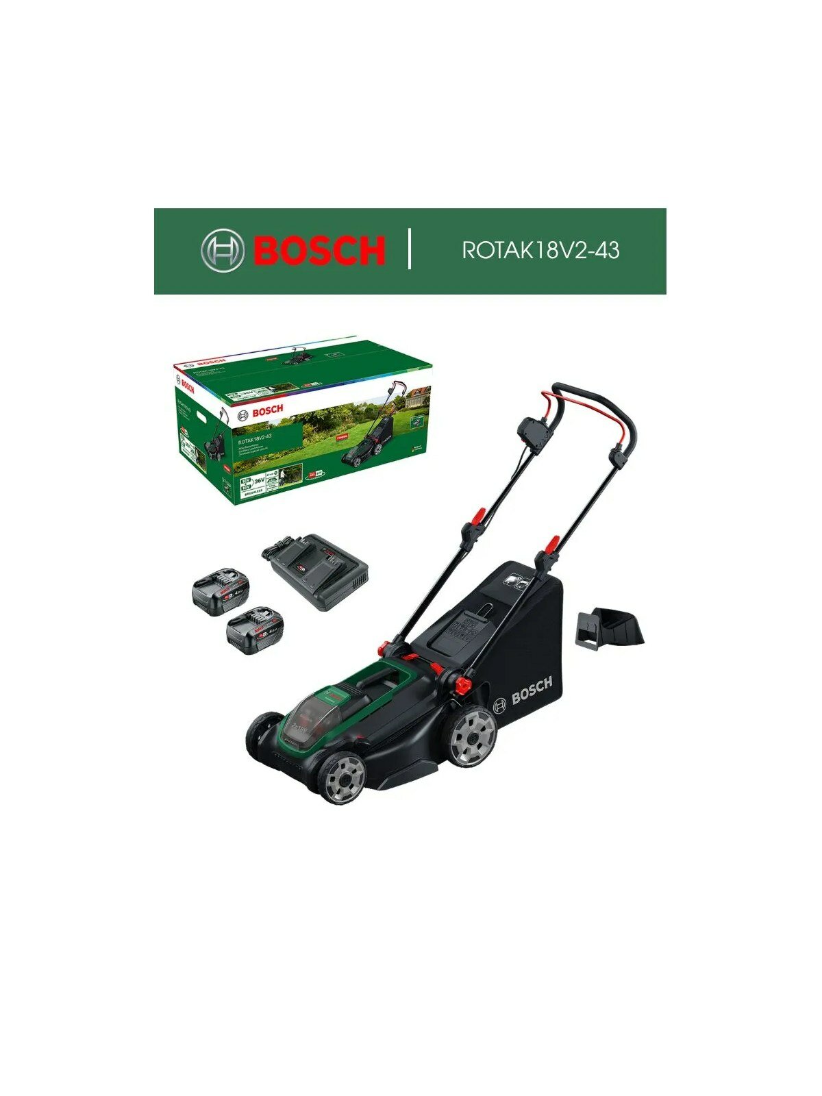 Аккумуляторная газонокосилка Bosch ROTAK18V2-43 (2x4.0Ah) (арт. 06008B9L00)