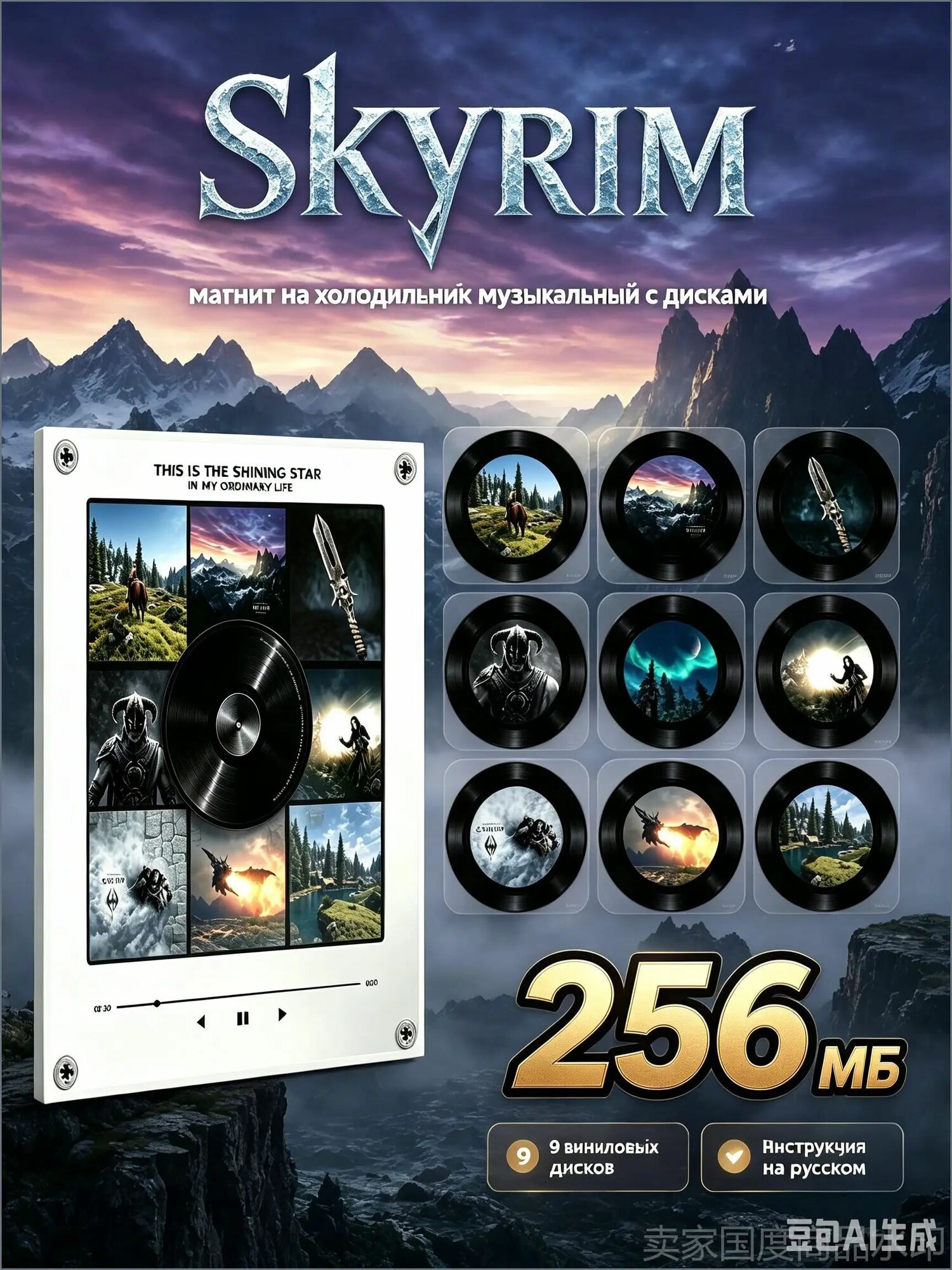 Музыкальный магнит на холодильник с дисками The Elder Scrolls V: Skyrim/Мини проигрыватель на холодильник,256 МБ, автономность до 2 недель, инструкция на русском, подарок на Новый год