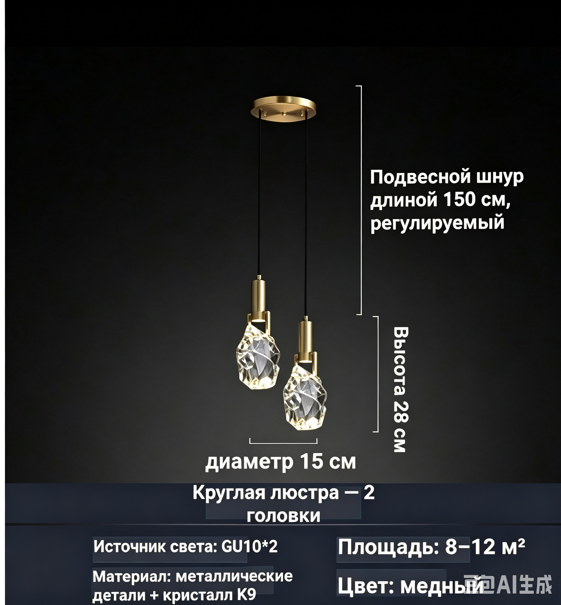 Подвесной потолочный светильник Gladys, стекло металл, LED 2700К, Золотой 2 голов