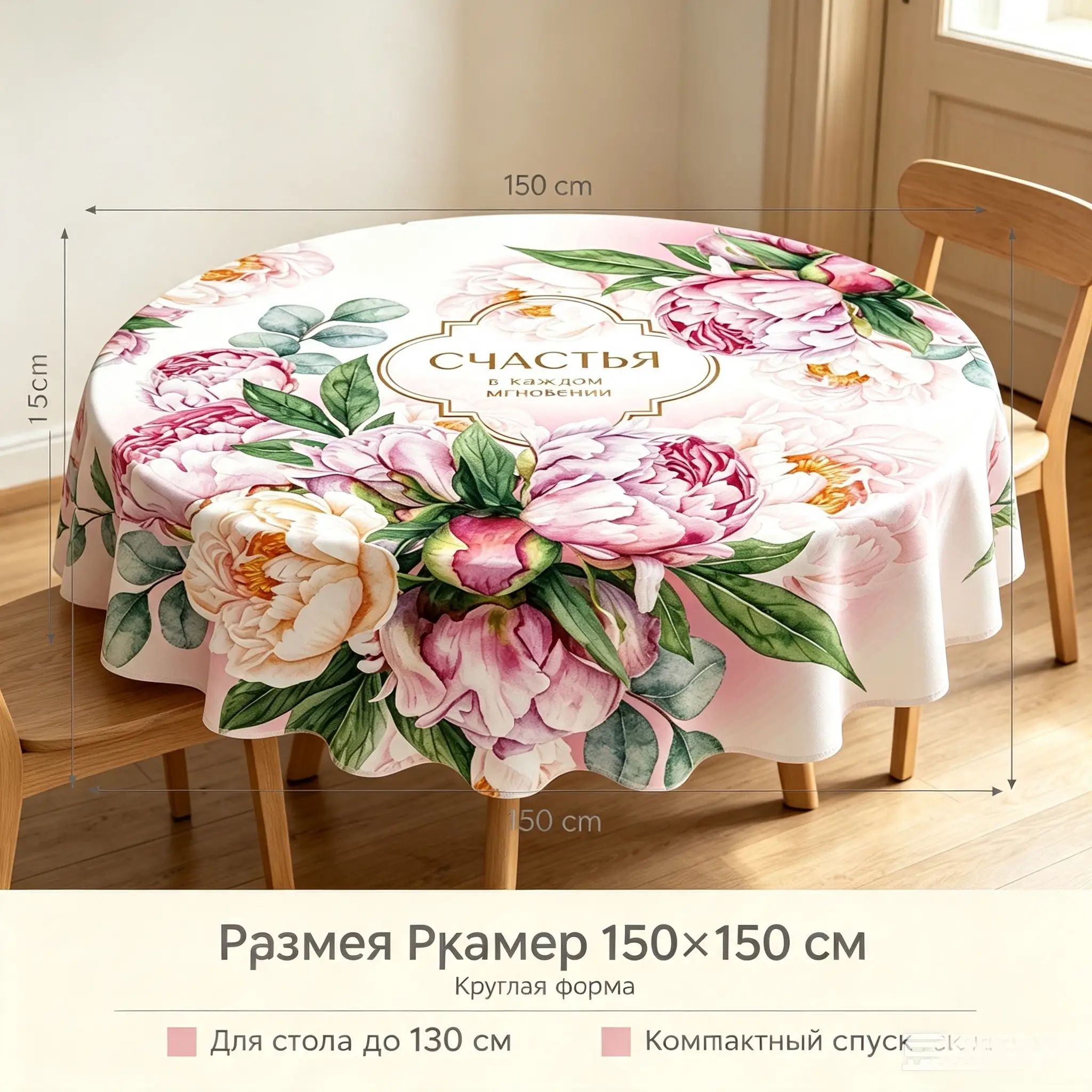 Клеенка на стол 150x150 см полиэстер fr круглая в рулоне, водоотталкивающая пропитка прозрачный