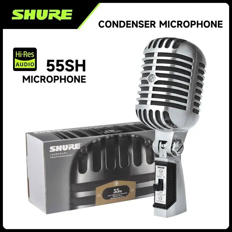 Shure Микрофон для живого вокала 55SH Классический винтажный внешний вид. Микрофон на стойке. Использует кардиоидную (мононаправленную) схему приема звука, серебристый