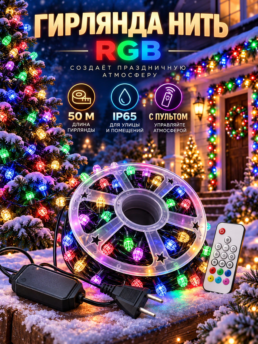 Электрогирлянда нить RGB 50 м DH500-2 с пультом для улицы и дома / Гирлянда светодиодная 25 режимов, разноцветный