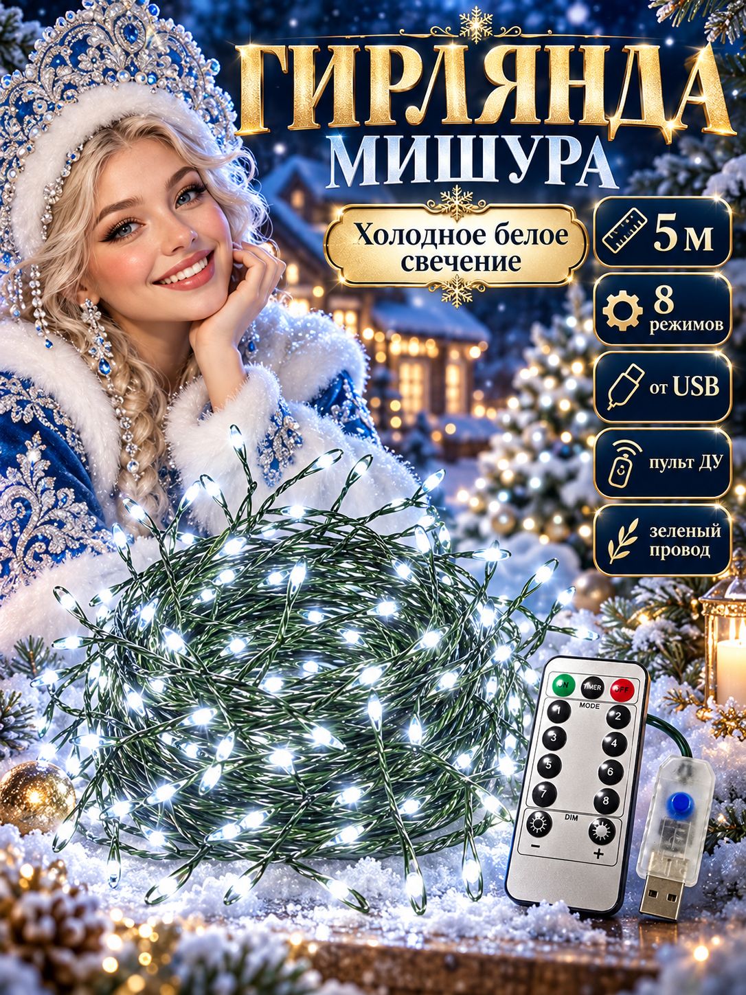 Гирлянда нить мишура 5 м (зеленый провод)/ Электрогирлянда фейерверк, роса на елку, 8 режимов, от USB, холодный белый