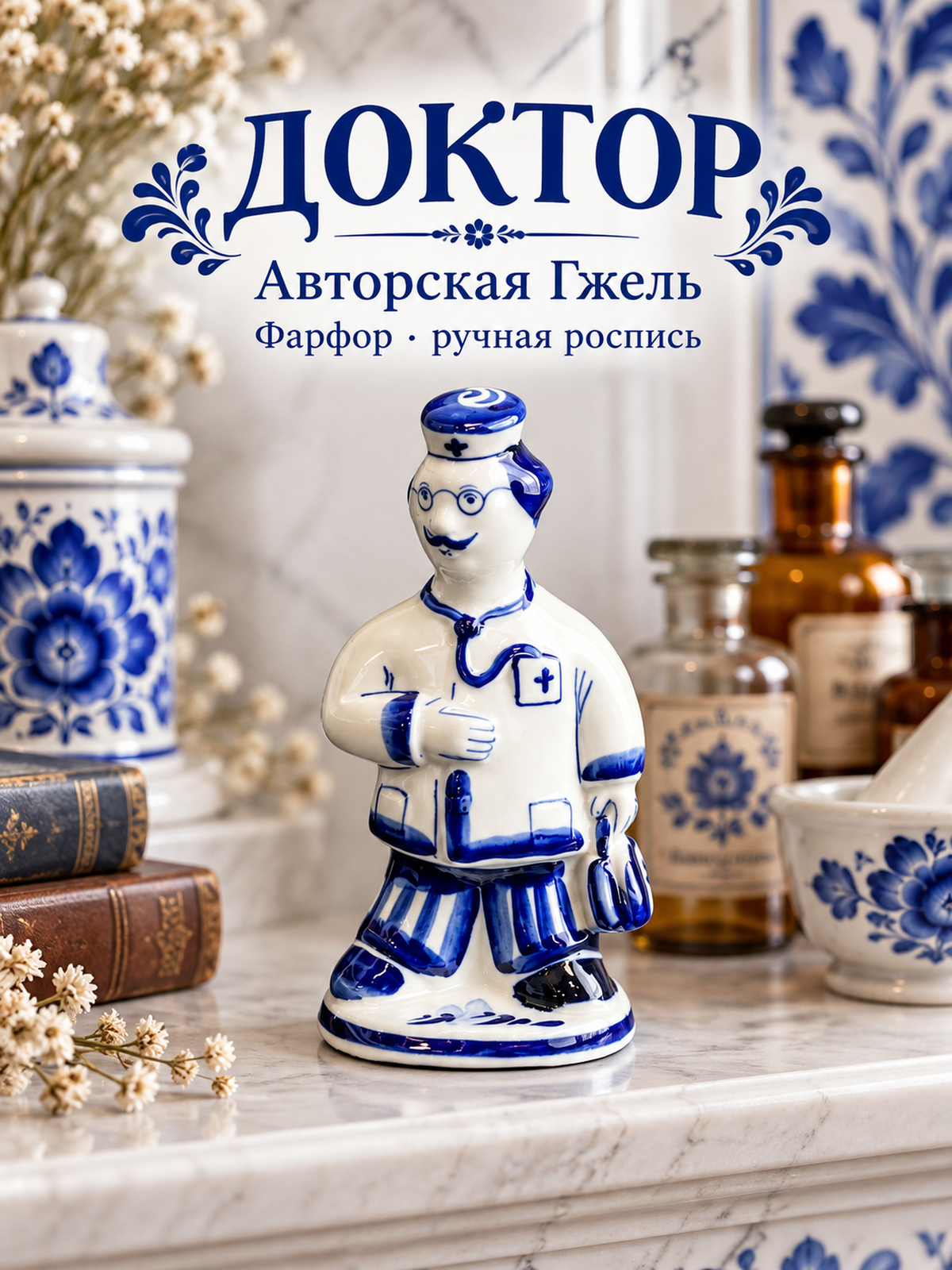 Авторская статуэтка "Доктор", Гжель, фарфор, роспись, с подписью
