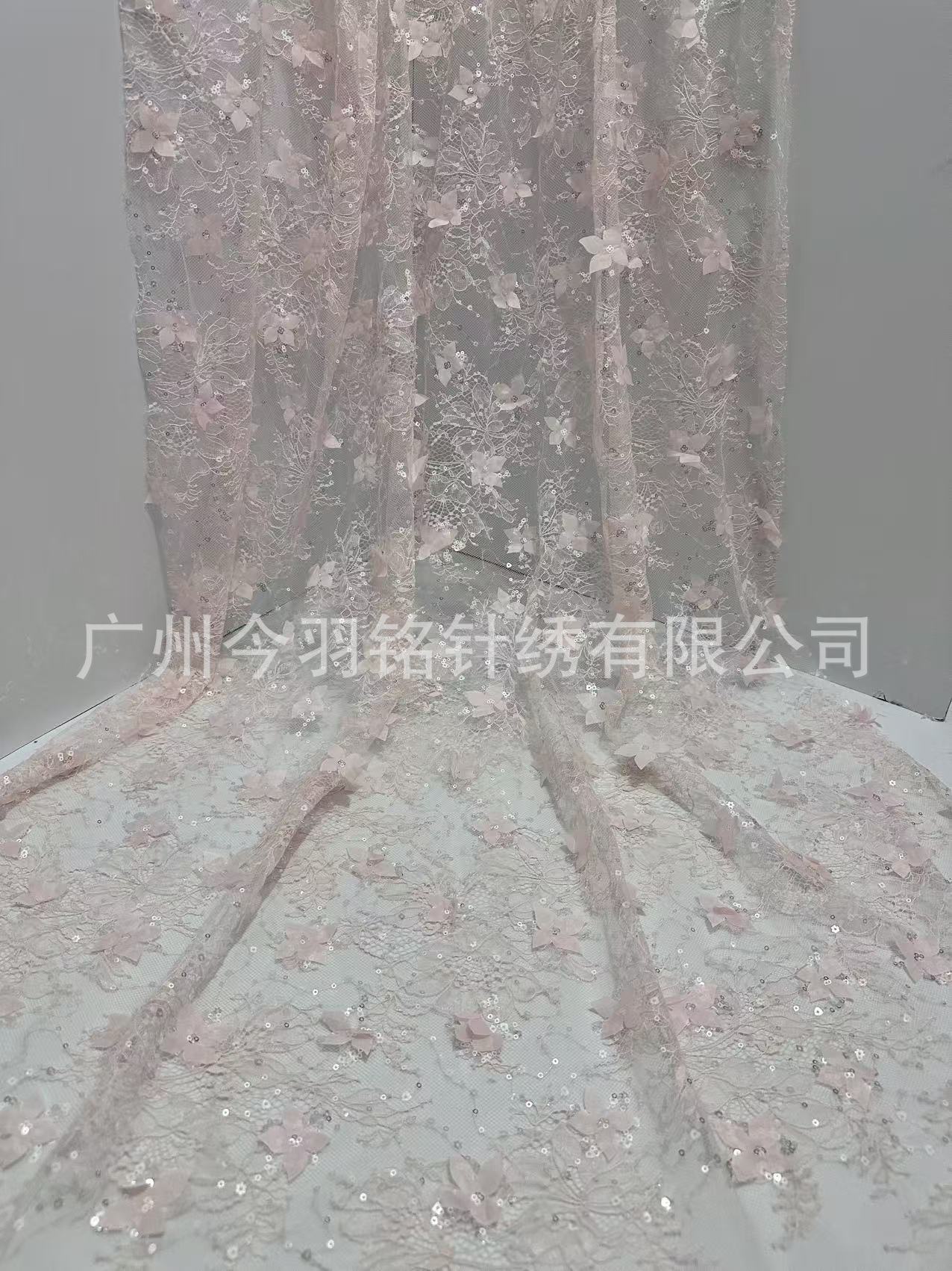 Ткань для платья с 3D аппликацией, кружевной оборкой, вышивкой, четырехлистным клевером, бисером, розовый