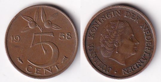 Нидерланды 5 центов 1958 год