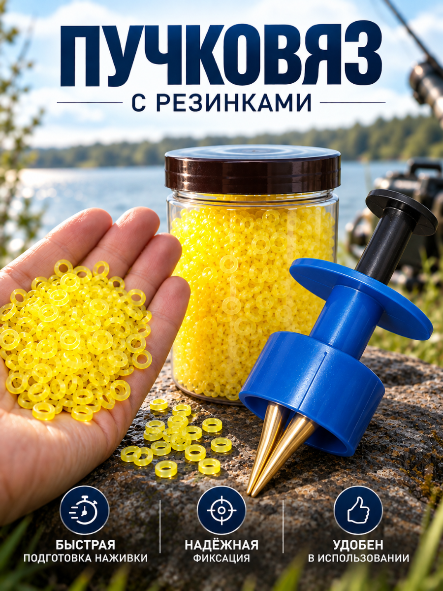 Пучковяз для мотыля с резинками / Пучковяз для наживок на крючок цвет резинок -желтый