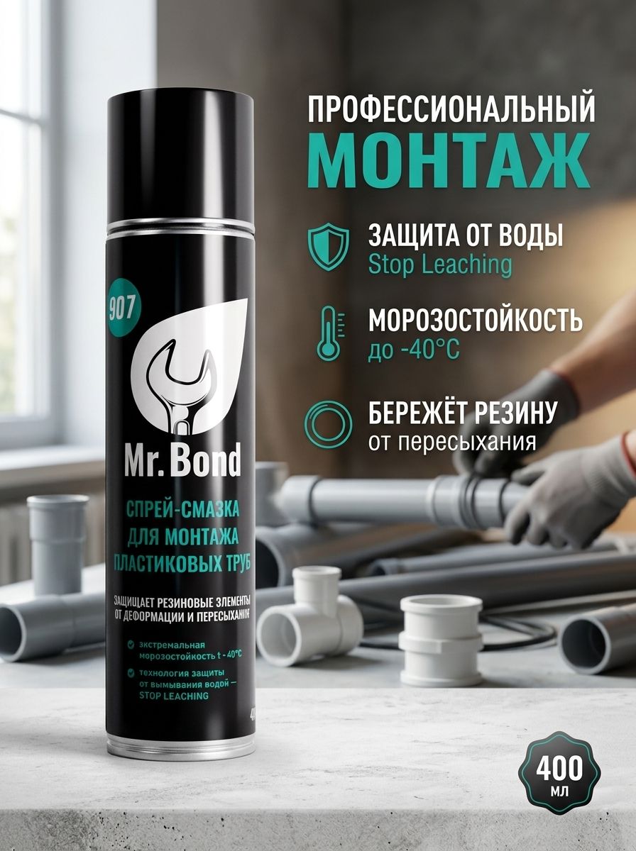 Mr.Bond 907 Спрей-смазка для монтажа пластиковых труб ПВХ, 400мл MB4090700400