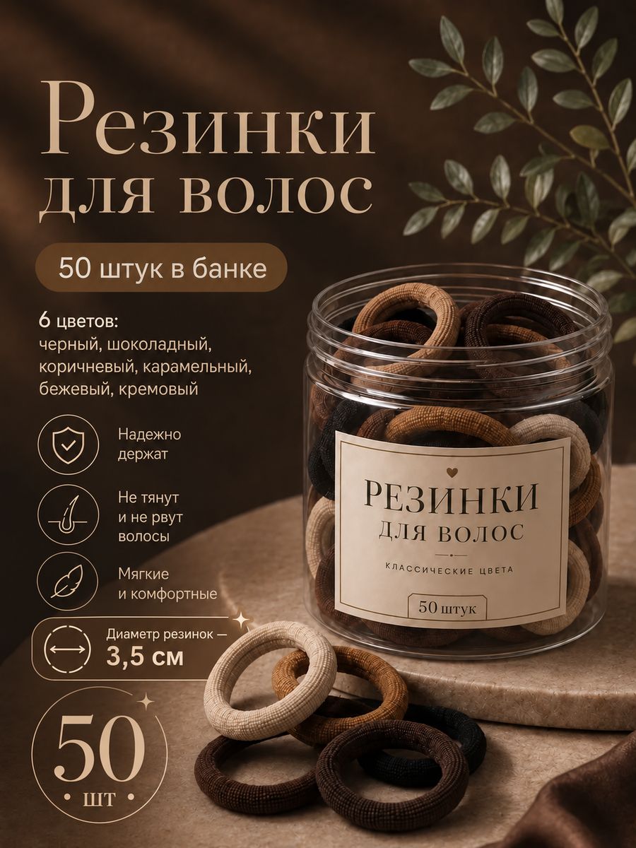 Резинки для волос в банке, коричневые, набор 50 шт