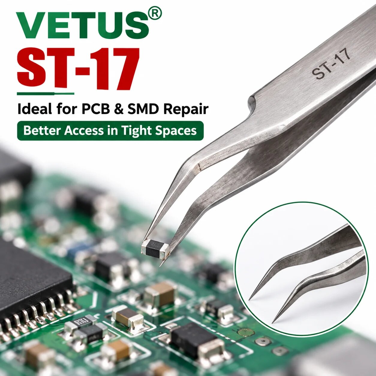 VETUS ST-17 – прецизионные пинцеты из нержавеющей стали с изогнутым кончиком, предназначенные для точной работы при ремонте электронных компонентов на печатных платах (SMD). — фото 1
