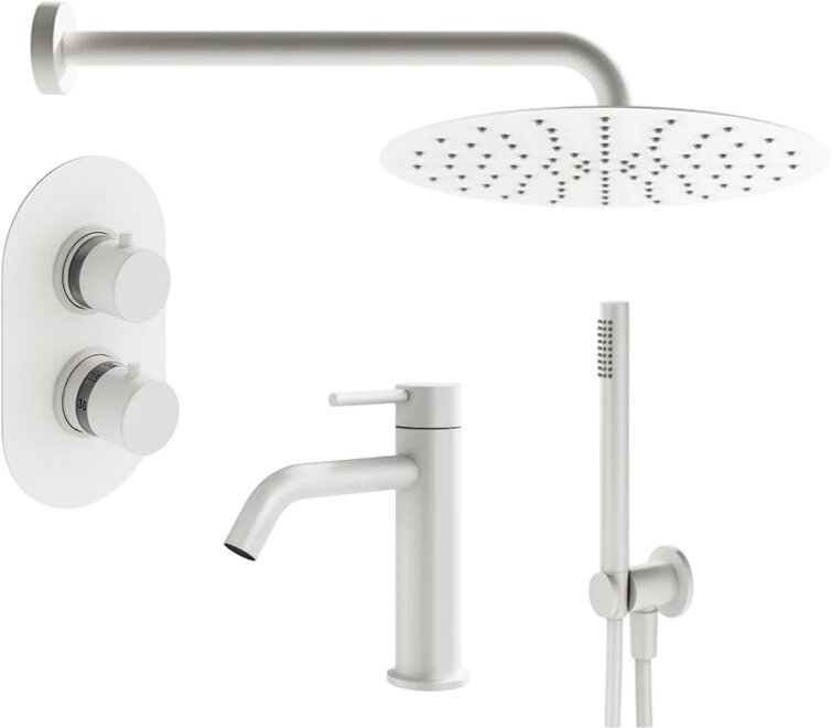 Комплект для ванной Plumberia Selection Ixo KITXOT18BO53 5 в 1, встраиваемый, с внутренней частью в комплекте, с термостатом, со смесителем, с тропическим душем, латунный, белый, матовый, душевая сист