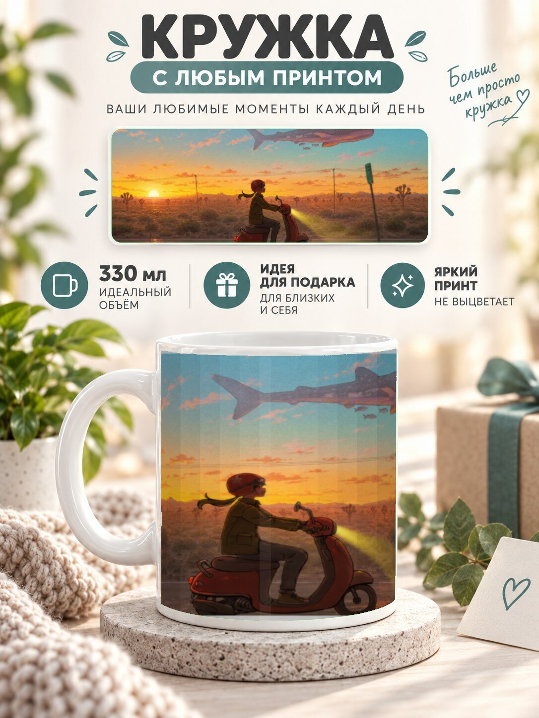 Кружка для чая и кофе MoodRoom, 330 мл, керамическая глянцевая, с принтом кита, UG33025279