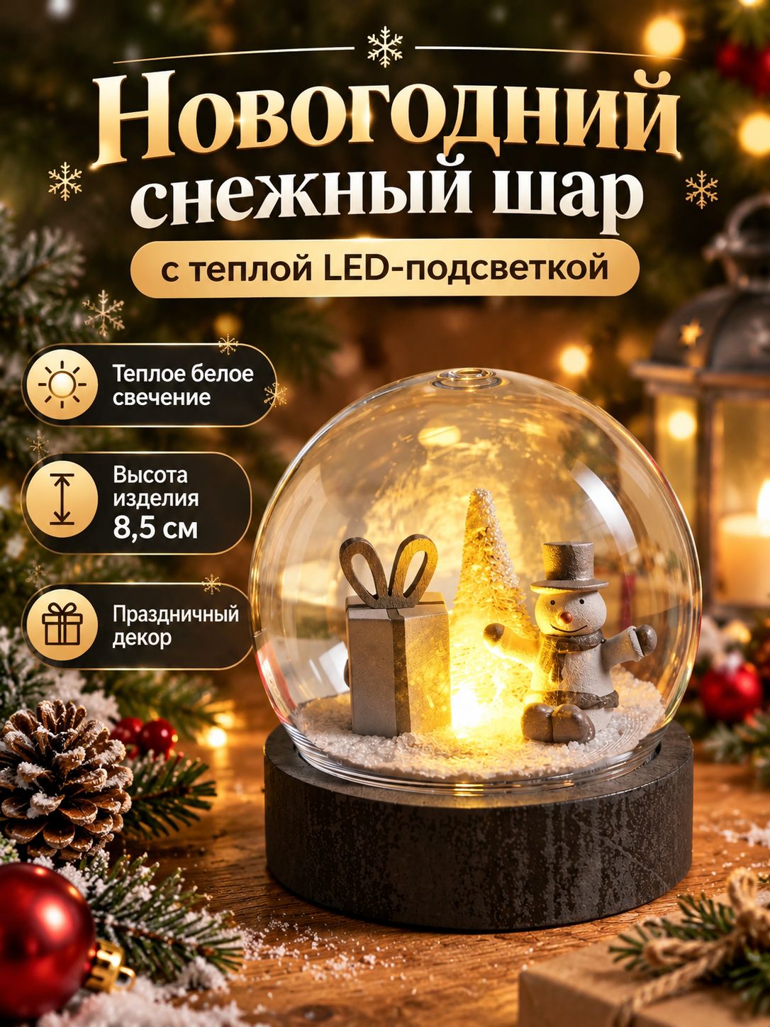 Шар светодиодный, 8.5 см, батарейки в комплекте, свечение тёплое белое