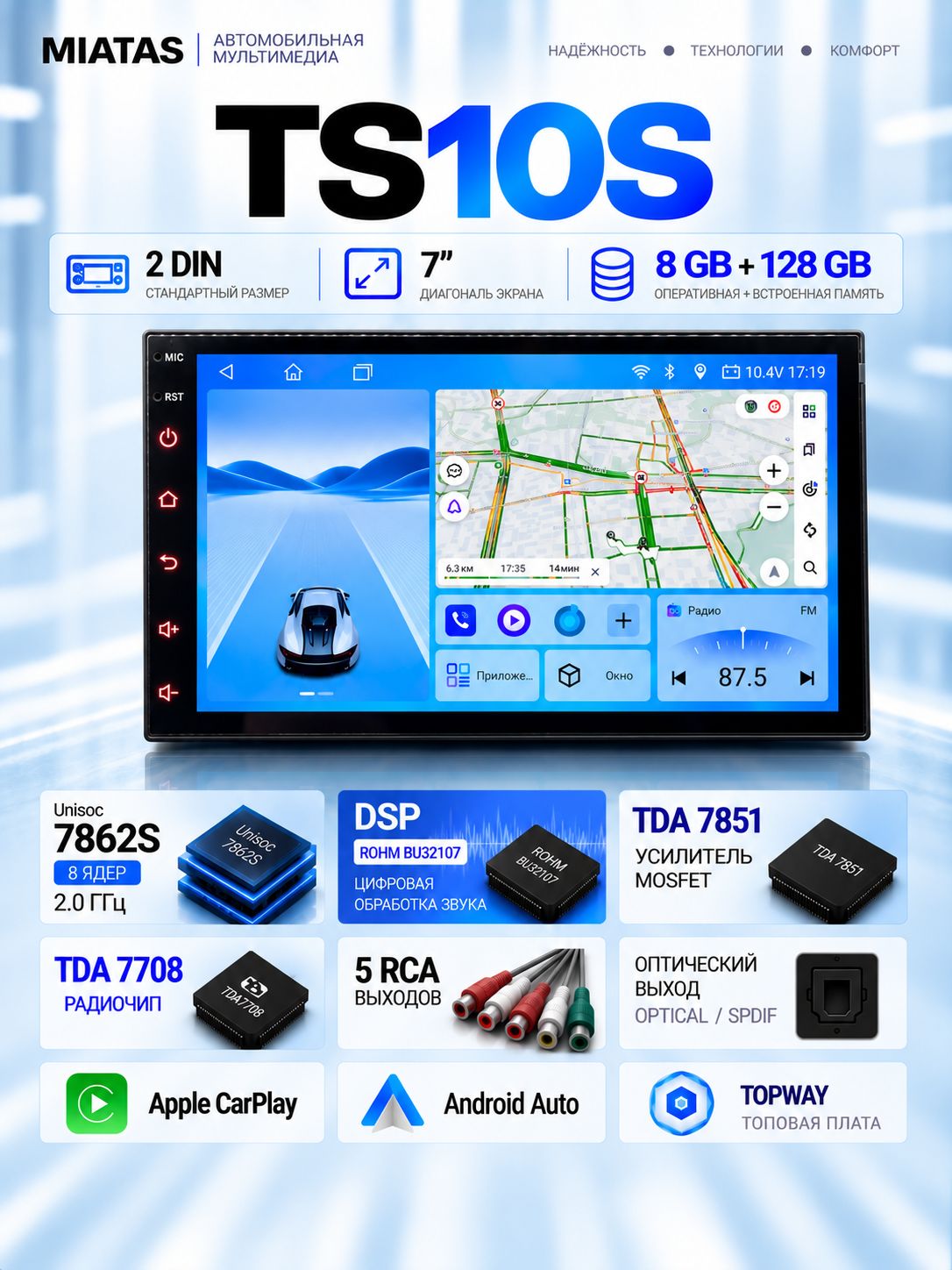 Автомагнитола 2DIN 7" Android 8/128 ГБ, 4G, DSP, CarPlay, 8 ядер 7862S, TS10S MIATAS
