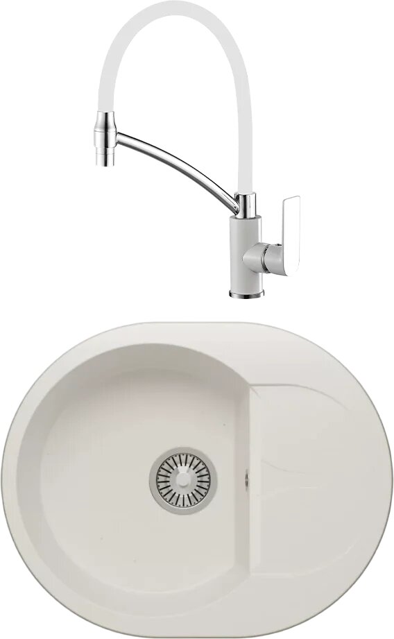 Комплект Мойка Polygran Atol 678972 62x50, белая хлопок, искусственный гранит / Смеситель Haiba HB72505-8 с гибким изливом, белый, белый