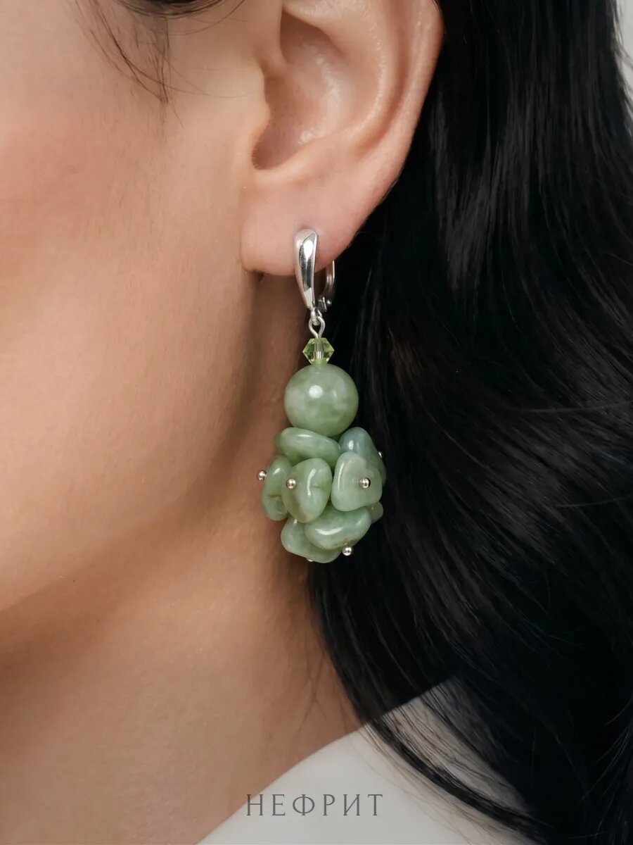 Серьги, нефрит, серый, зеленый