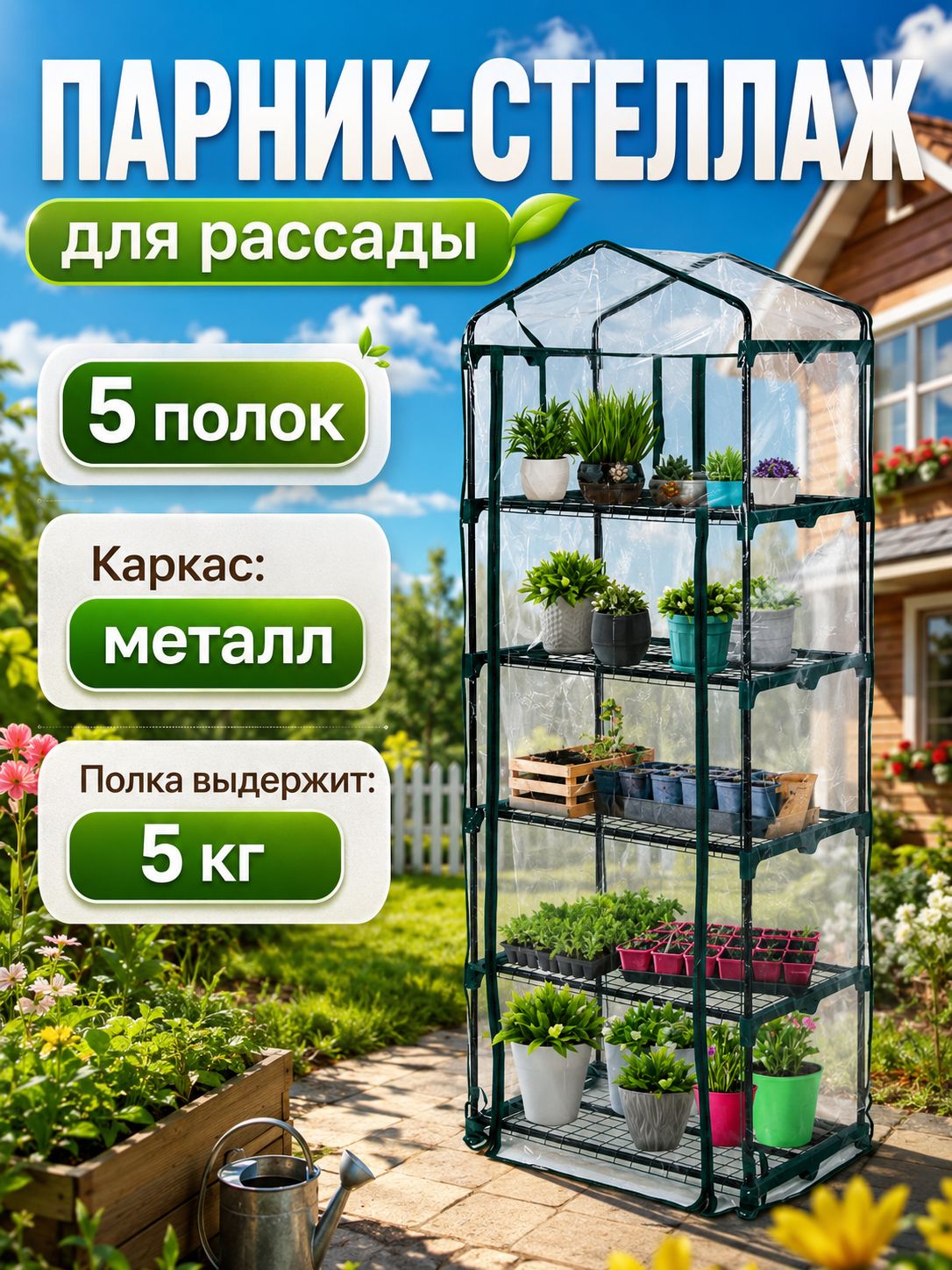 Парник-стеллаж 5 ярусов для рассады, мини-теплица с чехлом и металлическим каркасом для балкона, дачи и сада
