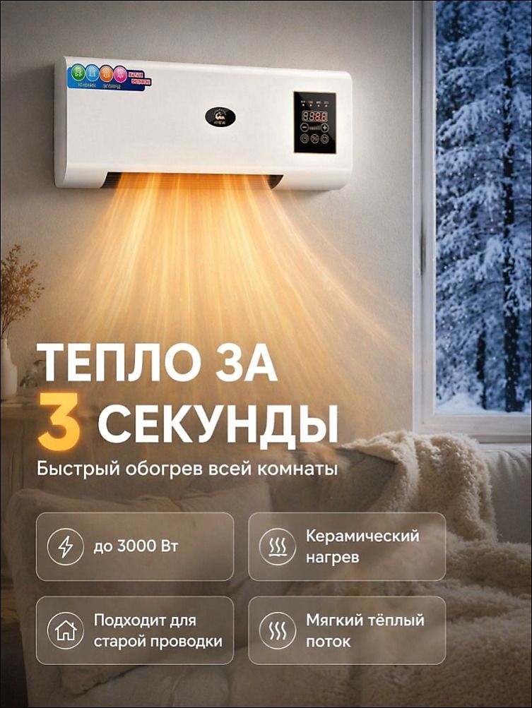 Тепловентилятор керамический обогреватель настенный, вентилятор тепловая завеса с пультом ДУ, с цифровым термостатом, на стену 3000 Вт