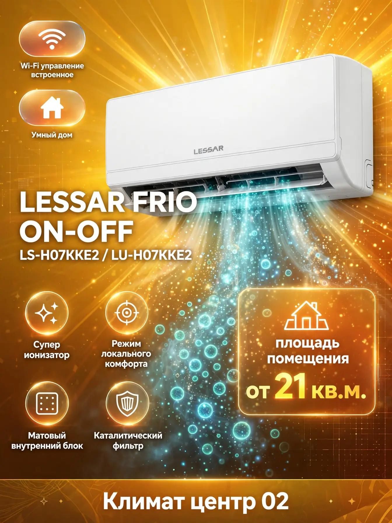 Wi-Fi Новинка 2026 Lessar FRIO LS-H07KKE2/LU-H07KKE2 Супер-ионизатор Кондиционер Lessar Самоочистка фильтров Режим вентиляции