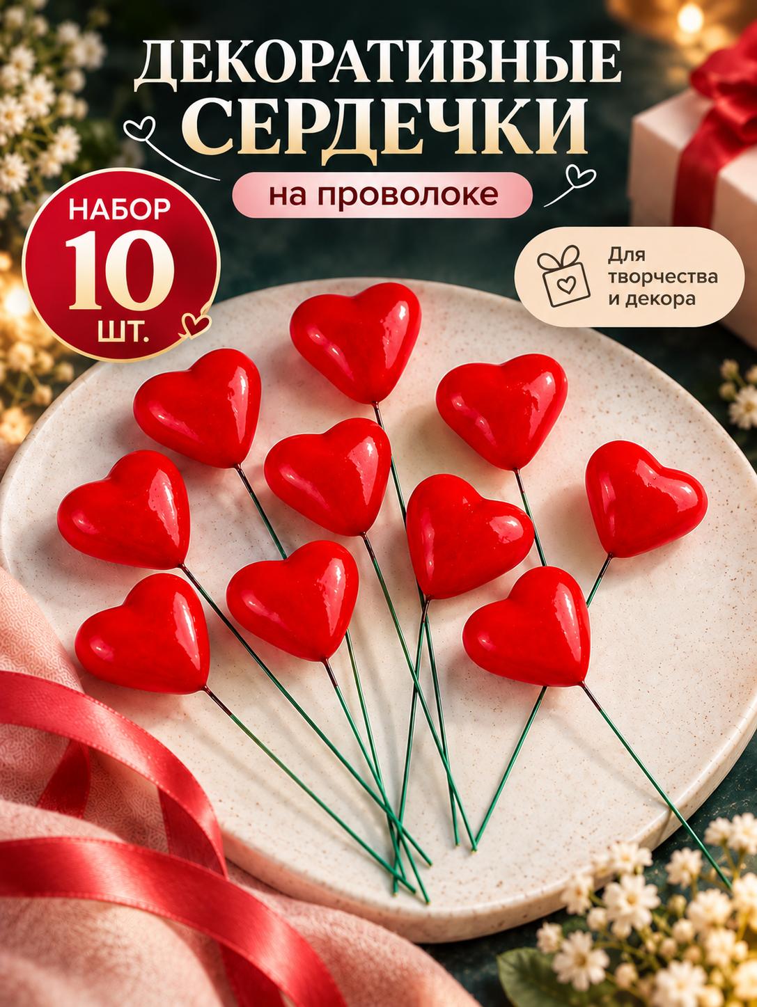 Фигурка для поделок и декора на проволоке «Сердце», набор 10 шт, размер 1 шт. — 4 × 2,5 × 10 см