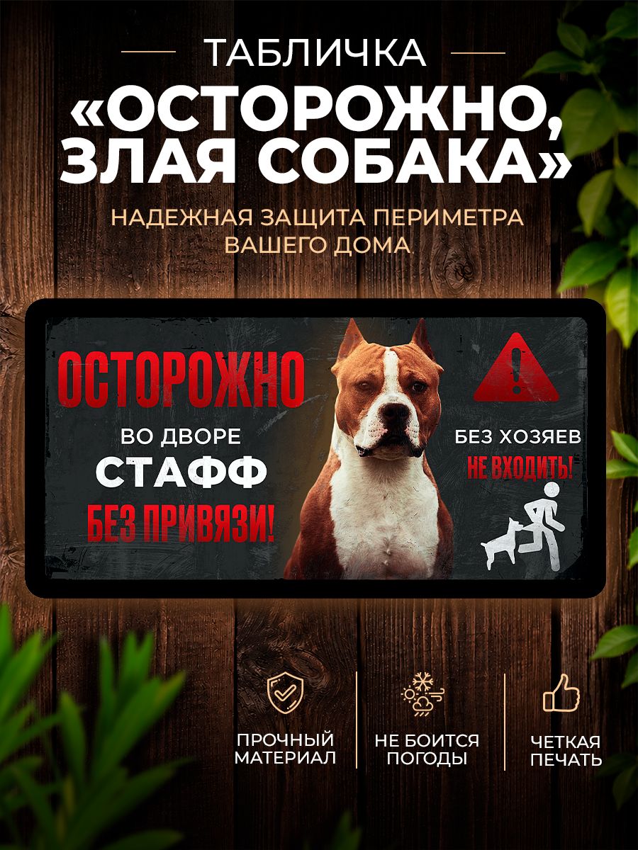 Табличка "Осторожно во дворе злая собака Стафф", 30х15 см.