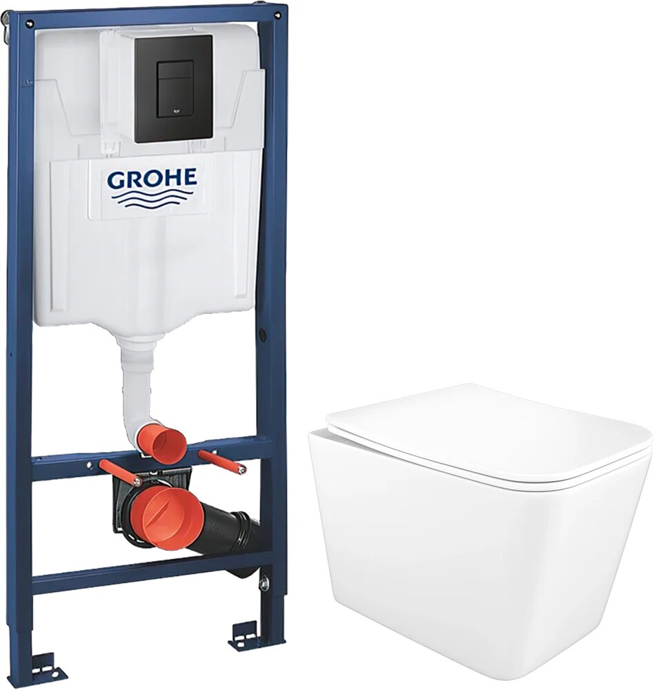 Комплект 5 в 1: Инсталляция Grohe Solido 38811KF0 / Унитаз подвесной STWORKI Молде S23401WH / Сиденье с микролифтом, Кнопка черная, Комплект креплений