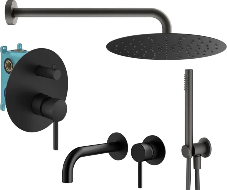 Комплект для ванной Plumberia Selection Ixo KITXO18NO210 4 в 1, встраиваемый, с внутренней частью в комплекте, со смесителем, с тропическим душем, латунный, че
