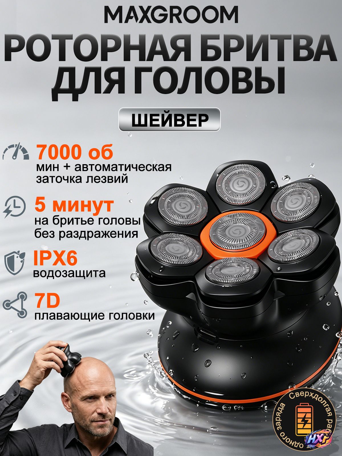 MAXGROOM Электробритва ; шейвер для бритья мужской; бритва для голов; машинка для стрижки волос профессиональная, черный