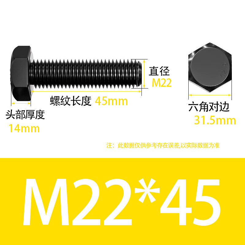 Высокопрочный шестигранный болт 8.8 класса M22x45 мм черный антикоррозийный мостовой крепежный винт по стандарту