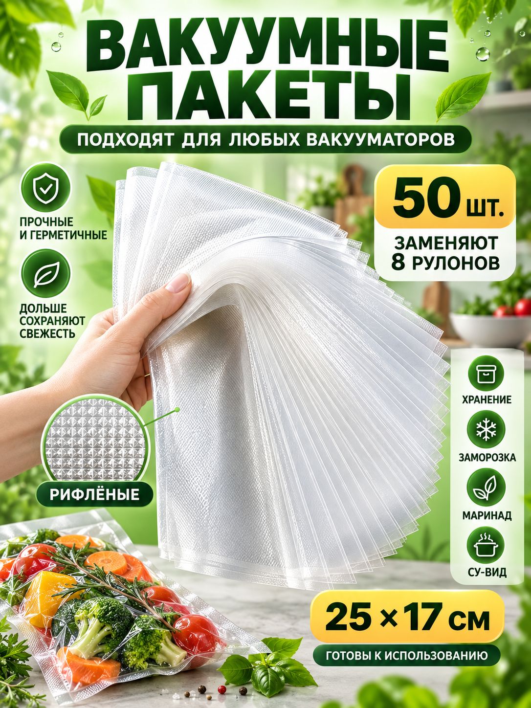 Пакеты для вакууматора рифленые, для хранения и заморозки продуктов, прозрачные 17х25 50штук