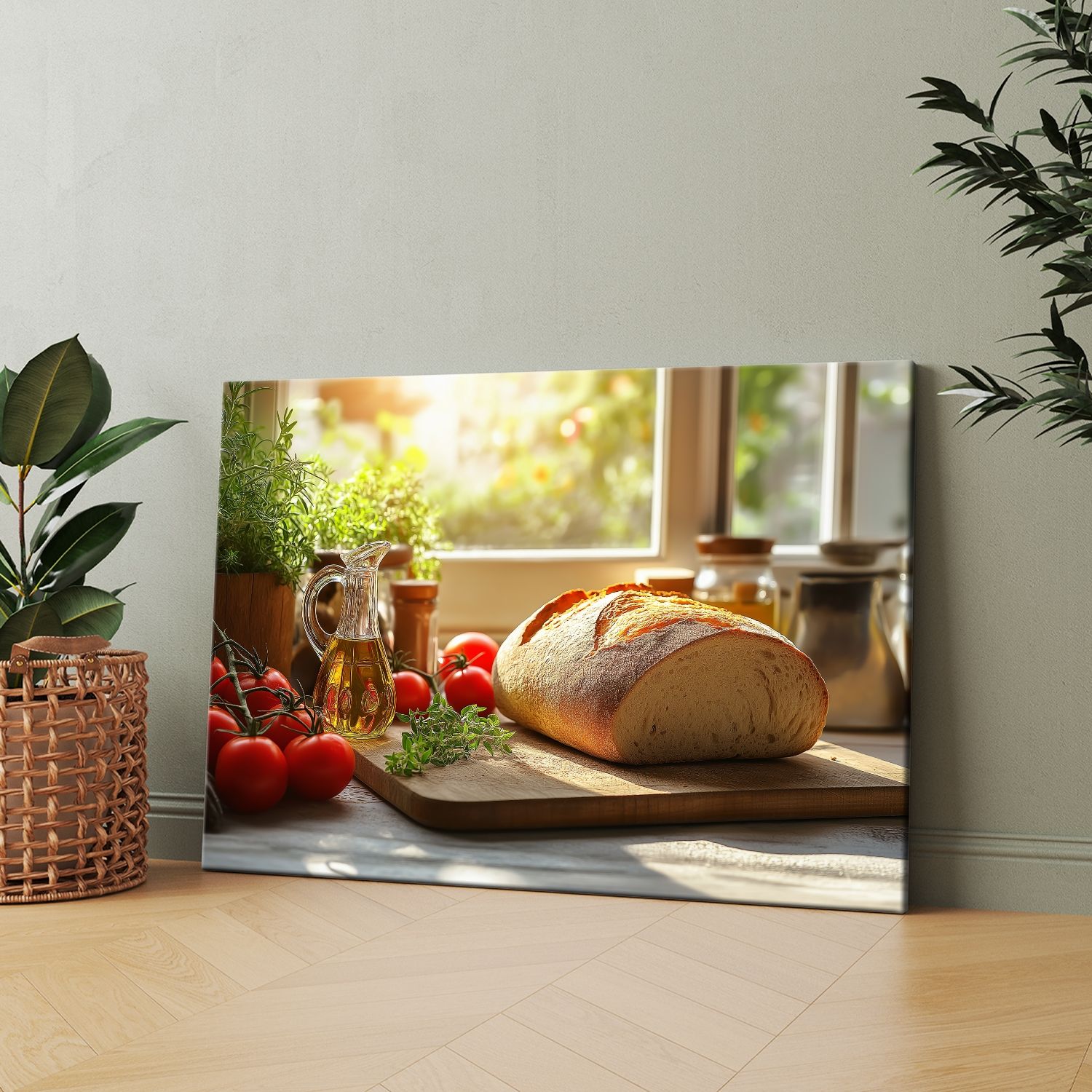 Картина на холсте (хлеб, томаты, стол, кухня, масло, зелень, утро) 30x40 см. Интерьерная на стену. Украшение в комнату. В подарок.