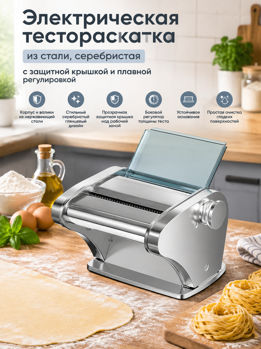 Электрическая тестораскатка из стали, серебристая, с защитной крышкой и плавной регулировкой