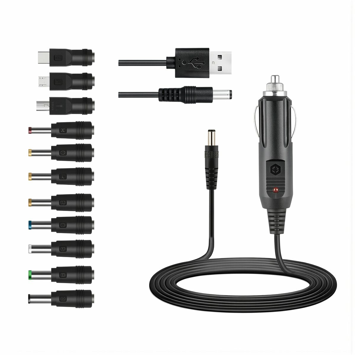 Универсальный комплект переходников питания для устройств с USB кабелем и прикуривателем 11 наконечников DC 5.5*2.1 мм