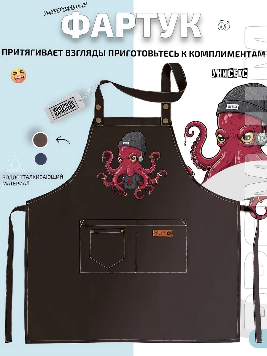 Фартук Осьминог Octopus с наушниками и шапкой кухонный с принтом универсальный